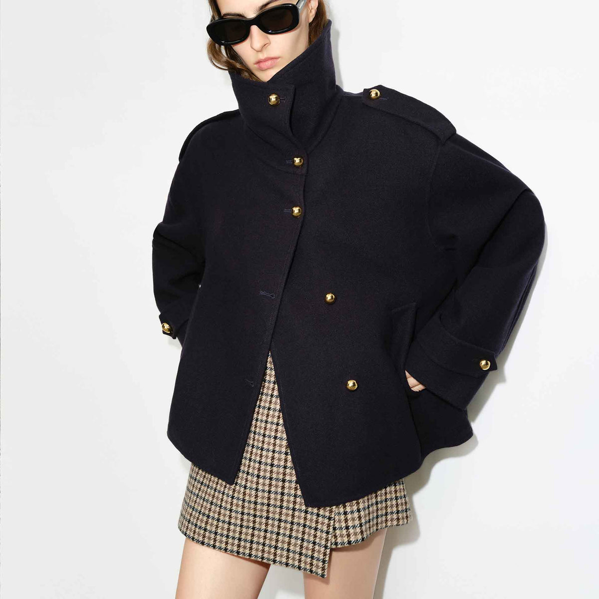 MO&Co. Women's Metallic Button Stand Collar Wool Short Coat in Navy