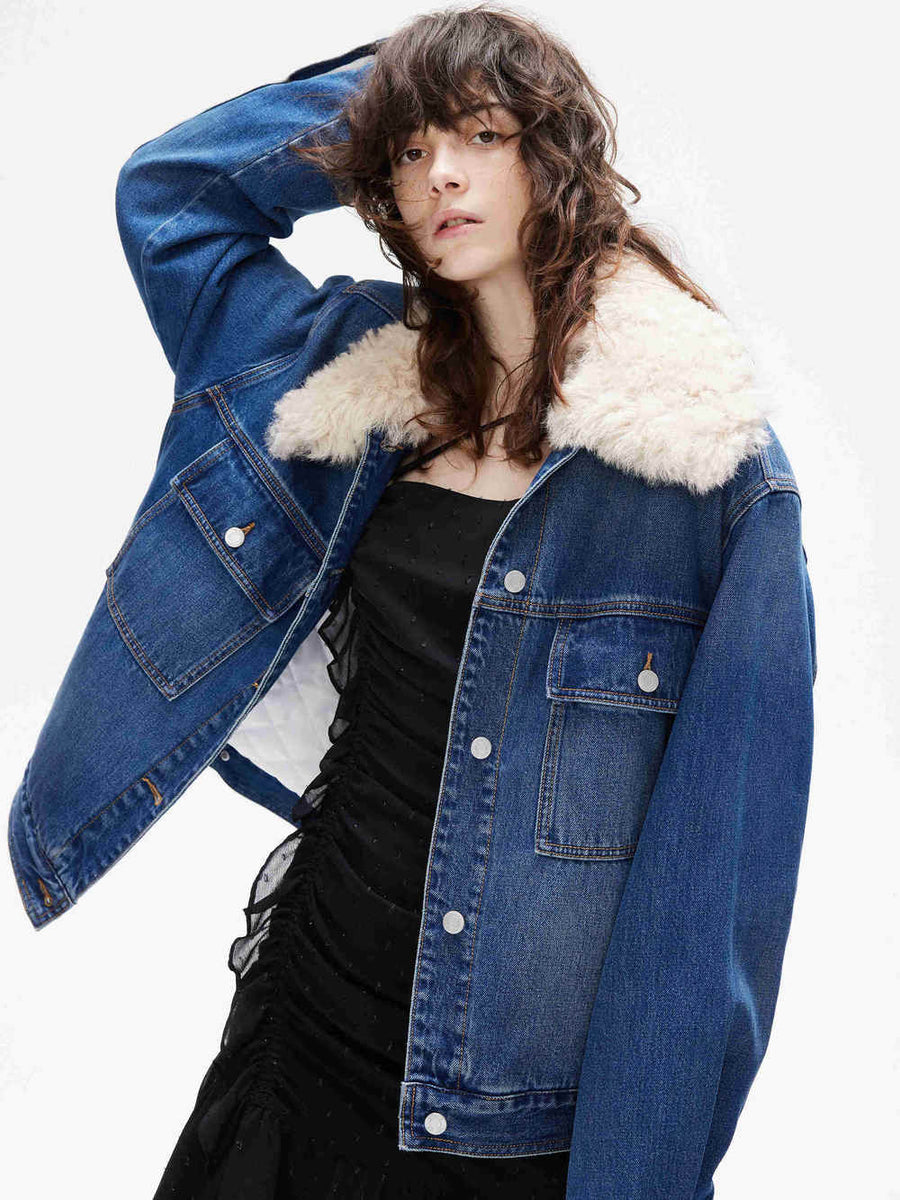 MO&Co. Women's Warm Fur Collar Quilted Denim Jacket in Blue