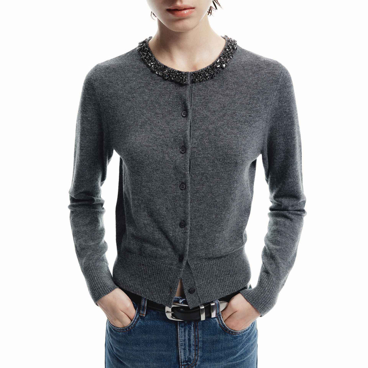 MO&Co. Women's Crystal Collar Wool Cashmere Knit Cardigan in Grey