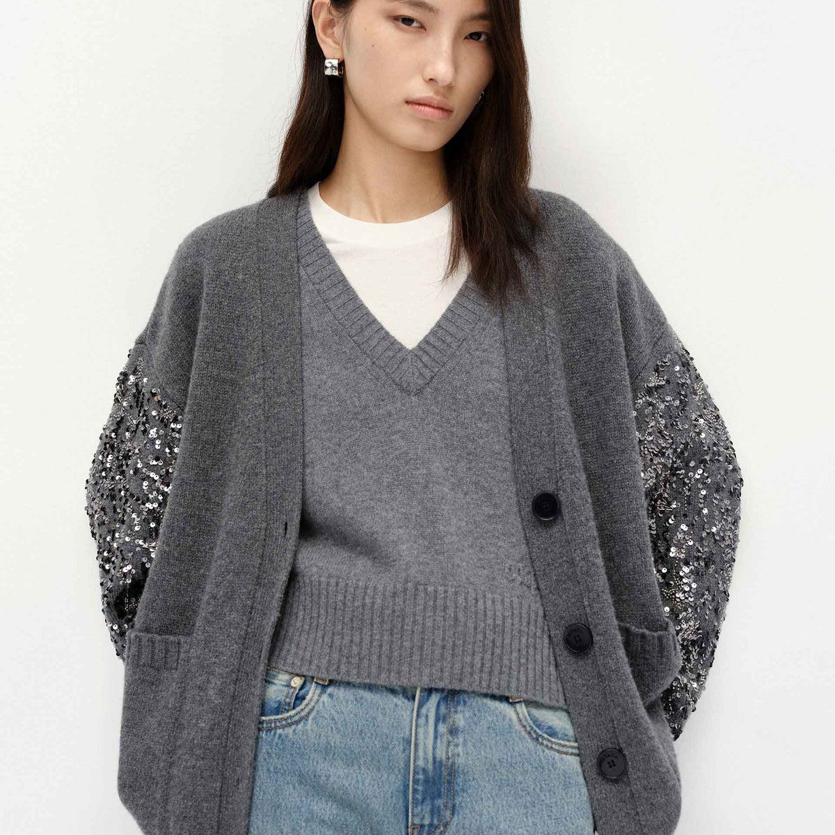 MO&Co. Women's Crystal Detail Wool Cardigan