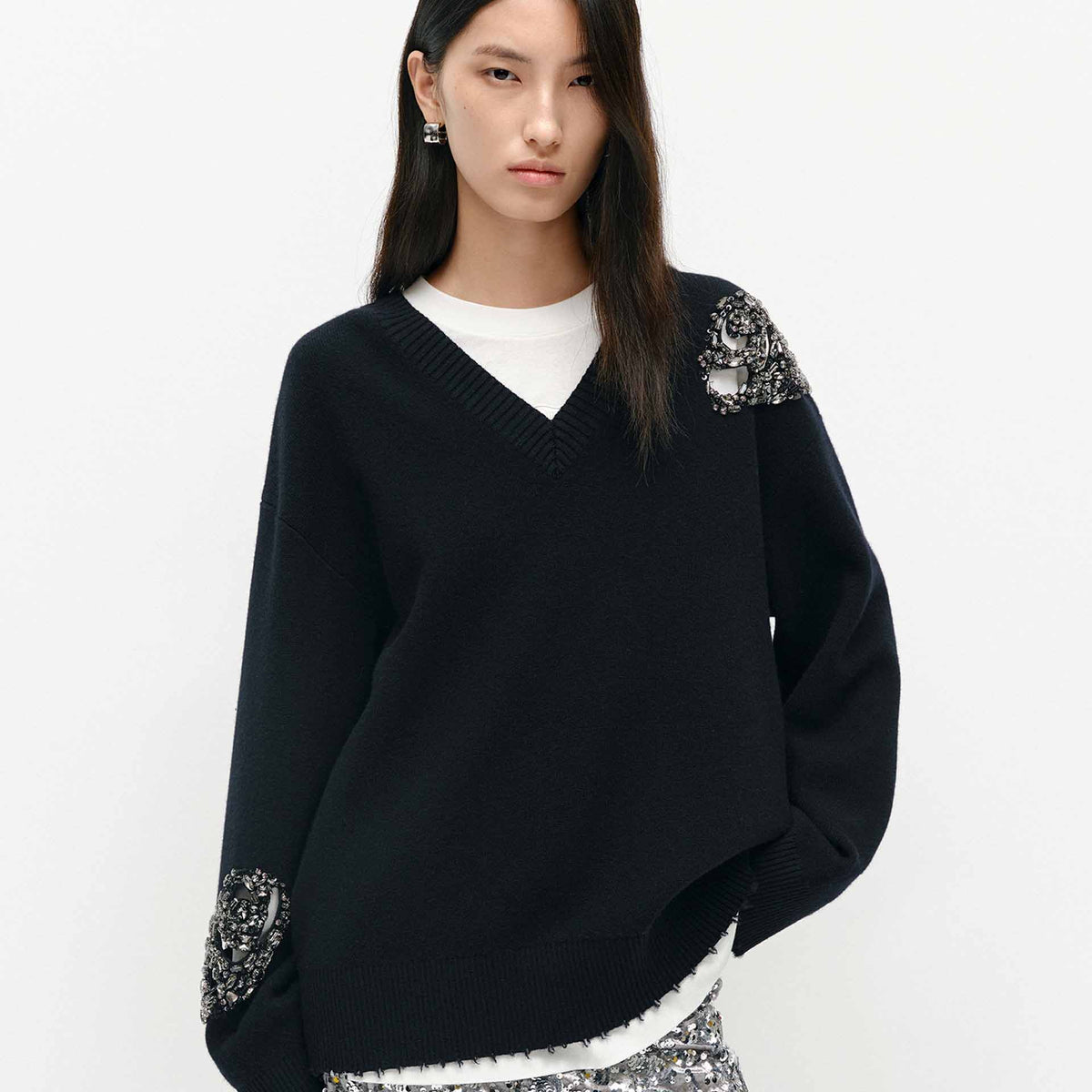 MO&Co. Women's Crystal Detail Wool Sweater
