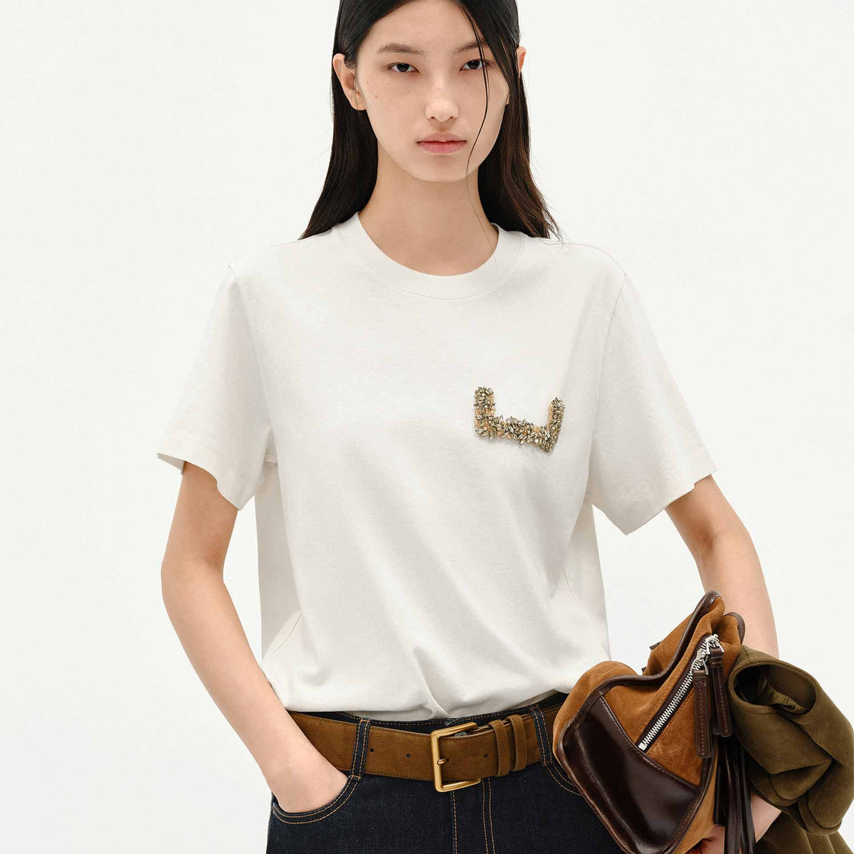 MO&Co. Women's Crystal Detail Cotton T-shirt