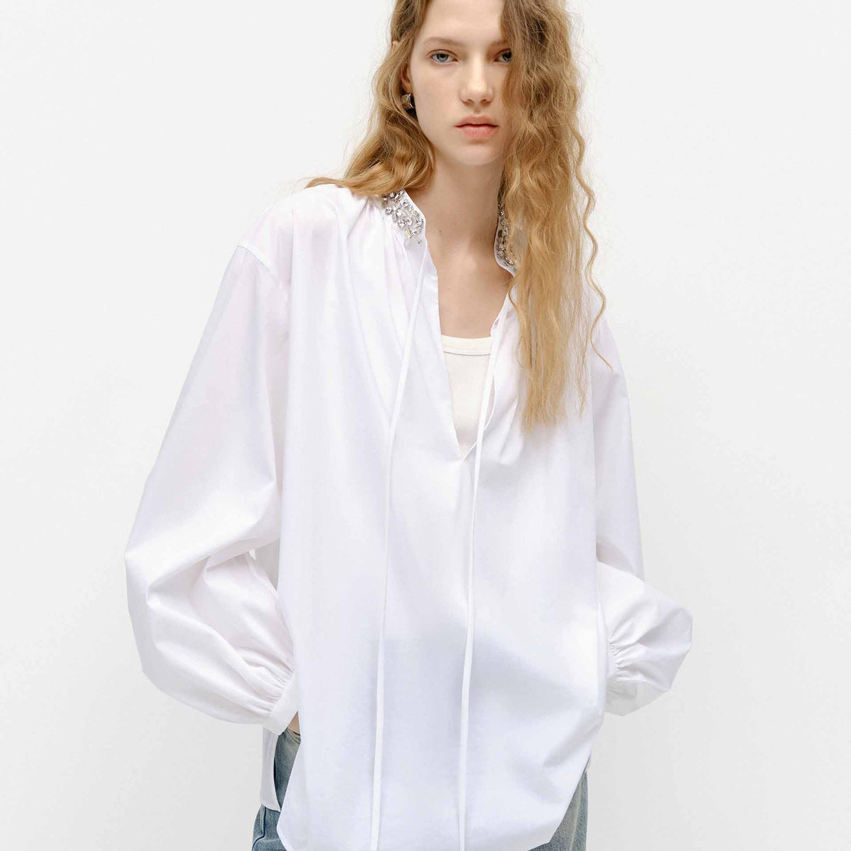 MO&Co. Women's Crystal Collar Tie Blouse