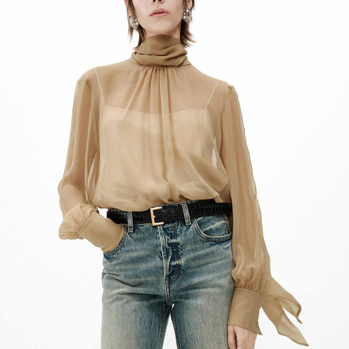 MO&Co. Women's Silk Sheer Tie Blouse