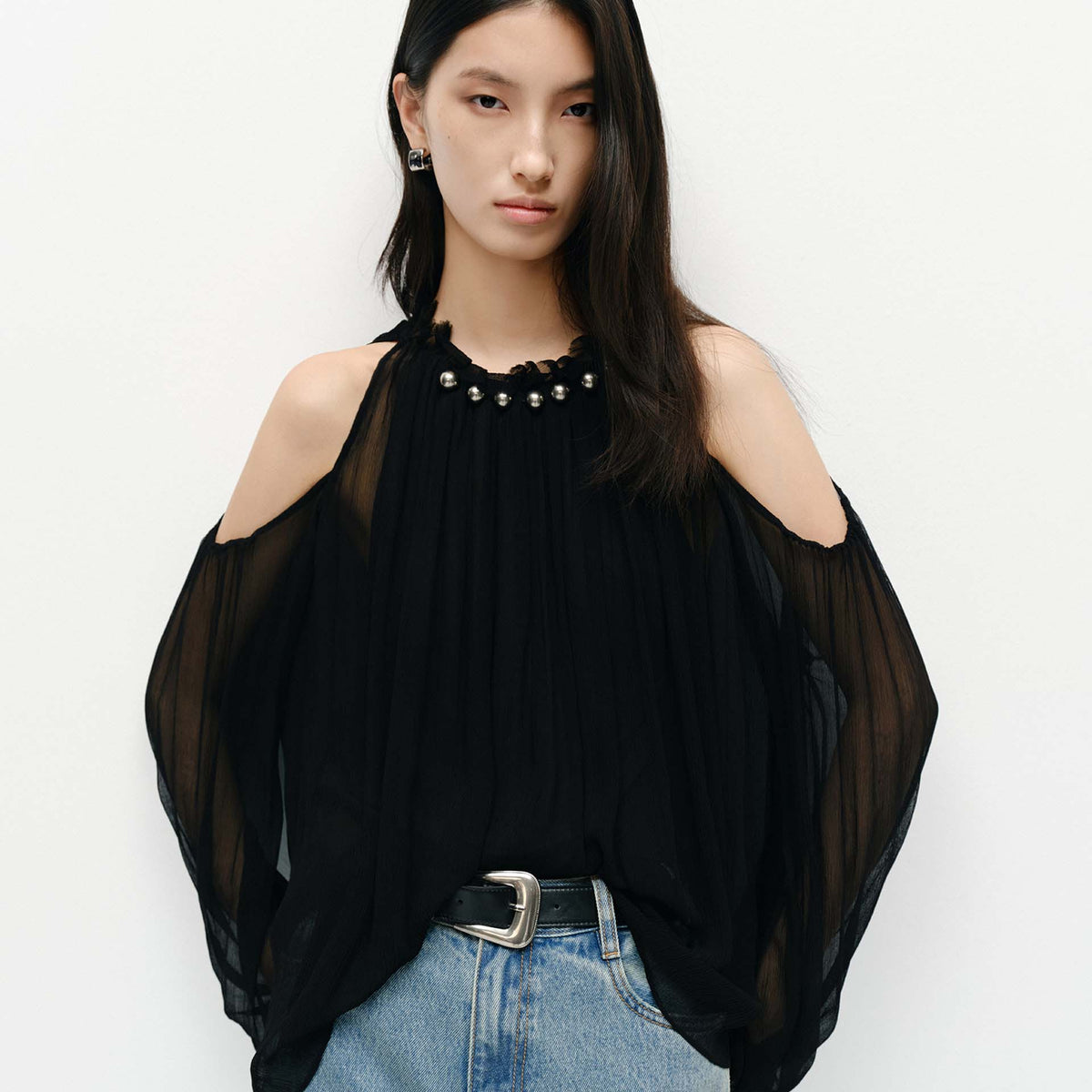 MO&Co. Women's Cut Shoulder Chiffon Blouse