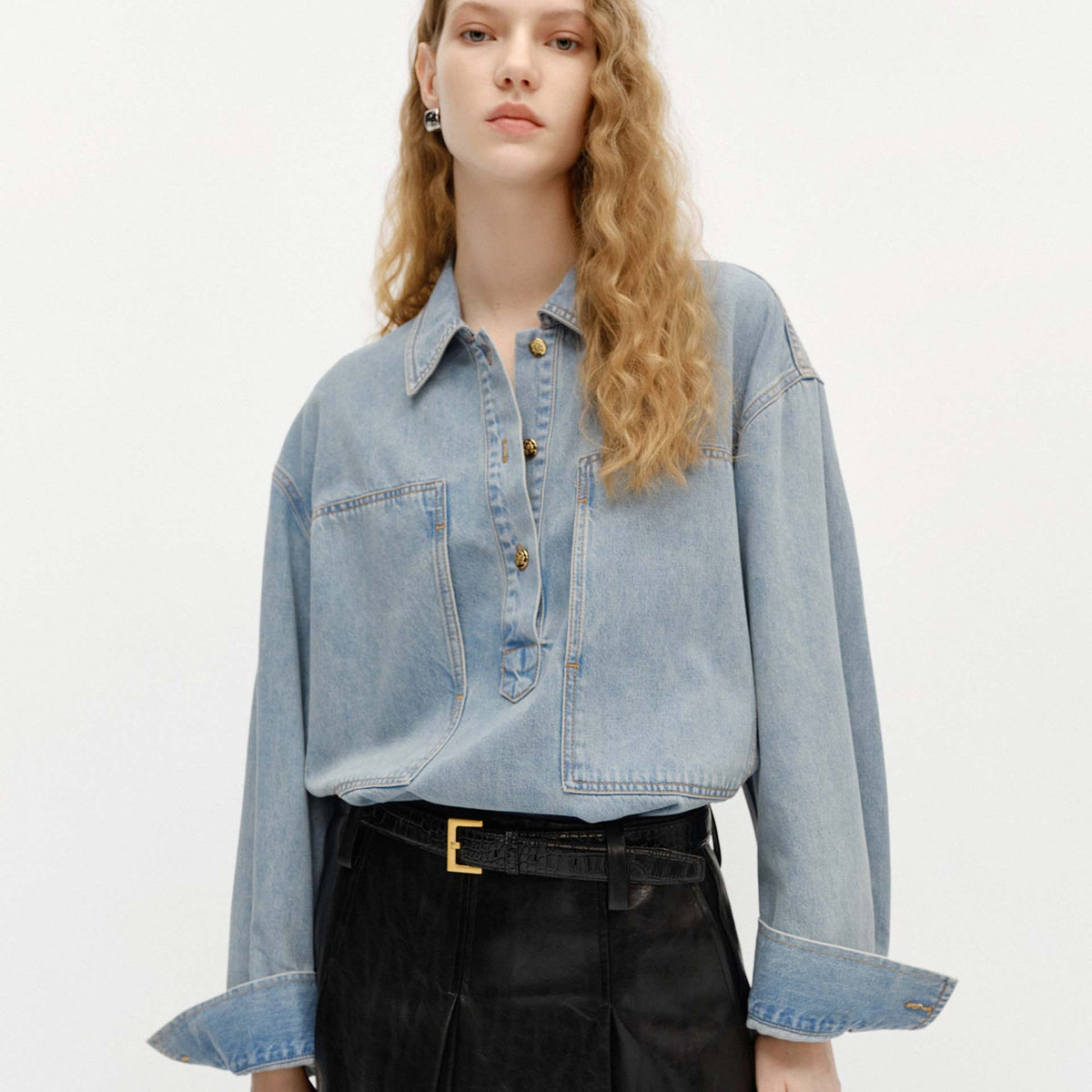 MO&Co. Women's Half Button Cotton Blouse