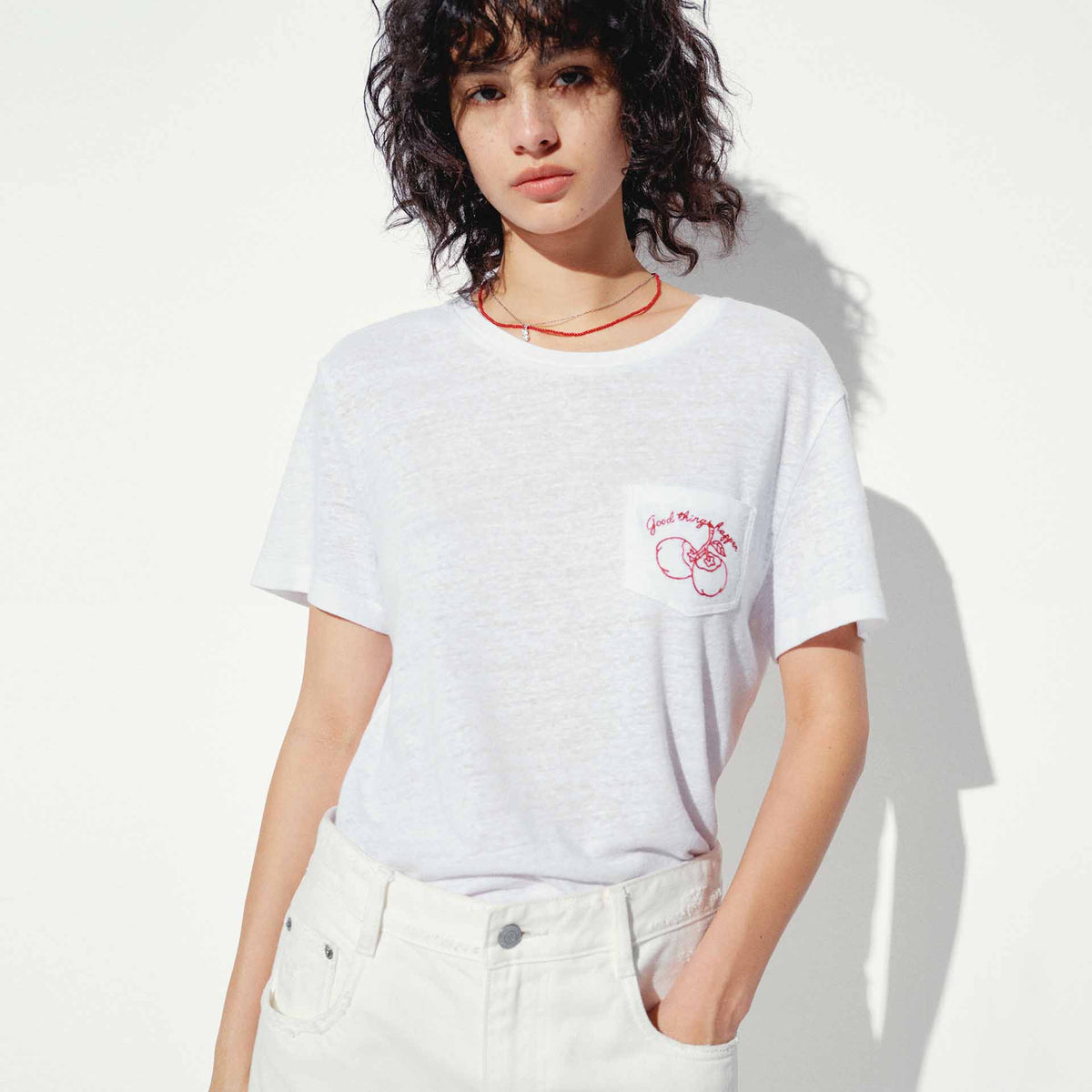 MO&Co. Women's Linen Blend Embroidery T-shirt