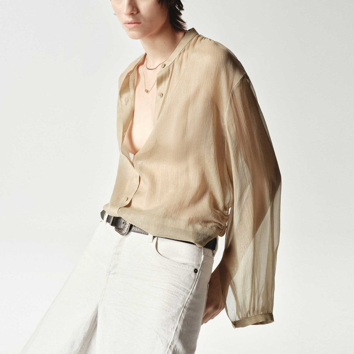 MO&Co. Women's Silk Blend Sheer Tie Blouse