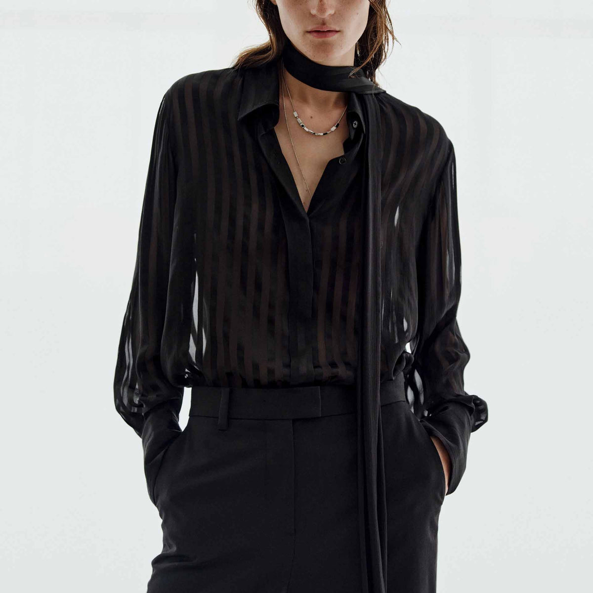 MO&Co. Women's Striped Pattern Silk Shirt