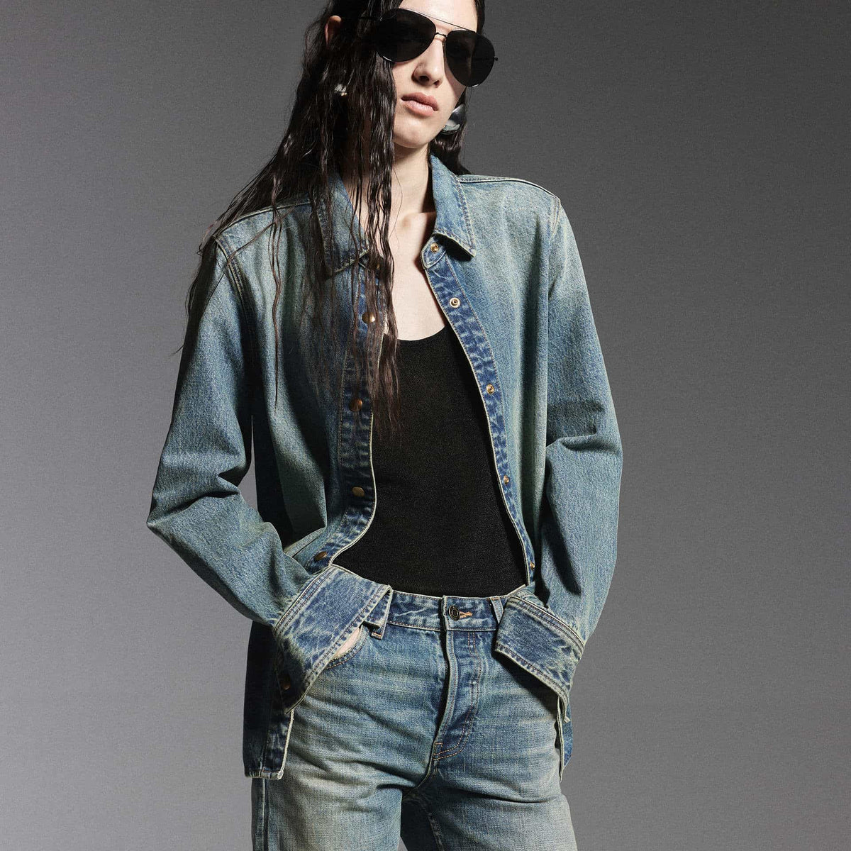 MO&Co. Noir Women's Snap Button Long Sleeves Washed Denim Shirt