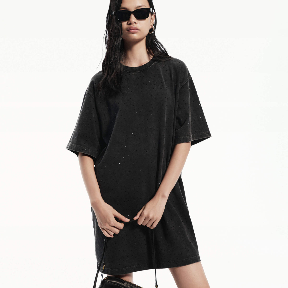 MO&Co. Women's Rhinestone Detail Pure Cotton Oversized Tee Dress