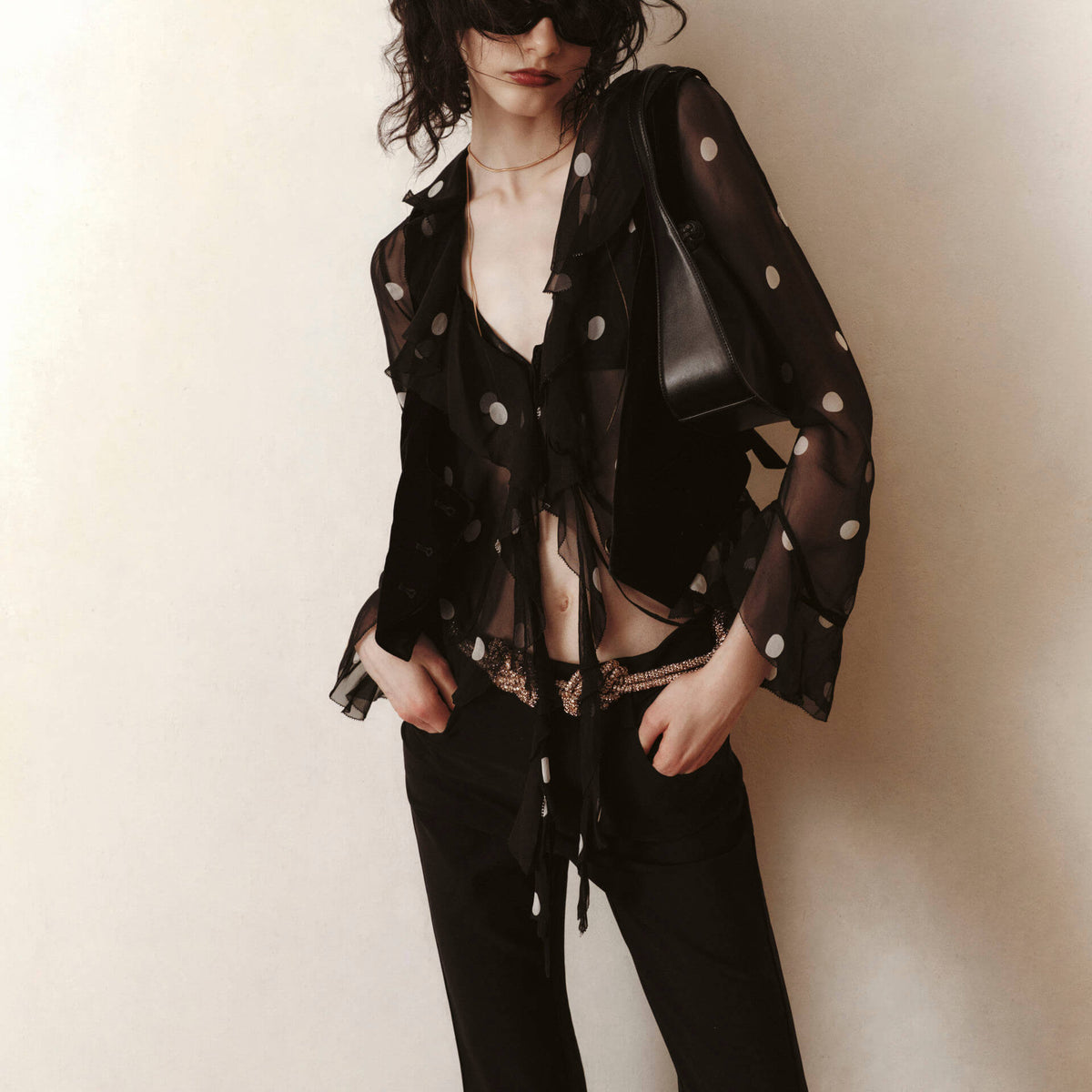 MO&Co. Women's Polka Dot Ruffle Detail Blouse in Sheer Black