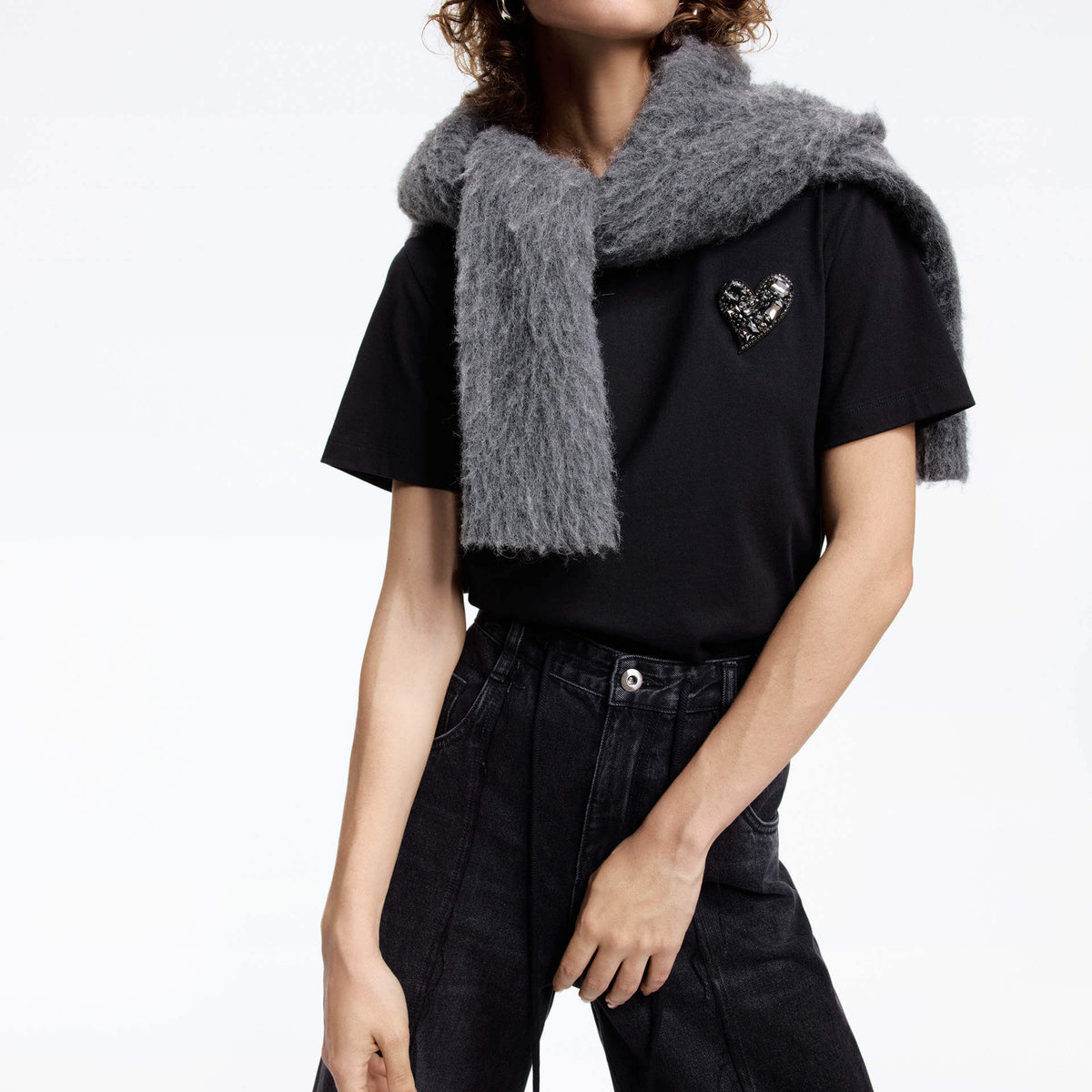 MO&Co. Women's Crystal Heart Detail Cotton T-shirt