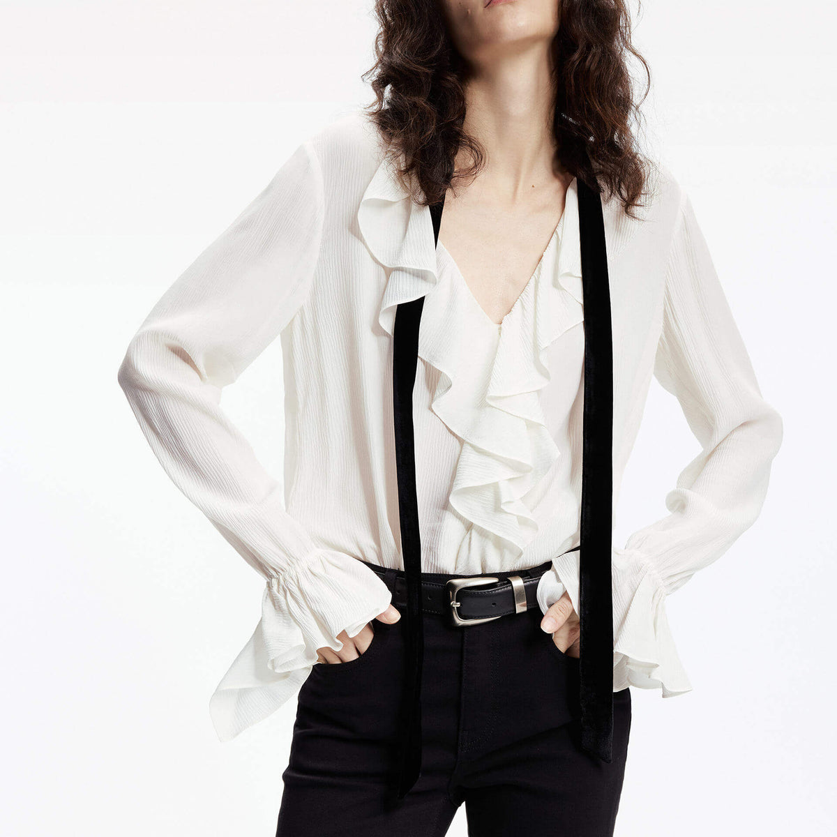 MO&Co. Women's Silk Blend Ruffle Trim Blouse