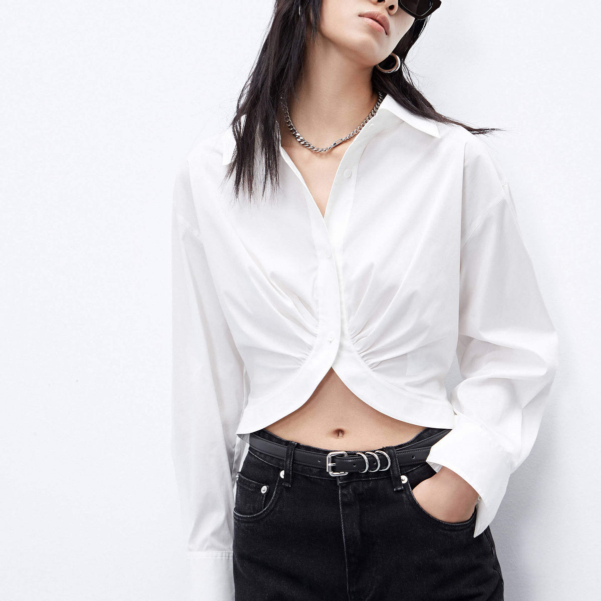 MO&Co. Women's White Long Sleeves Crop Cotton Blend Blouse