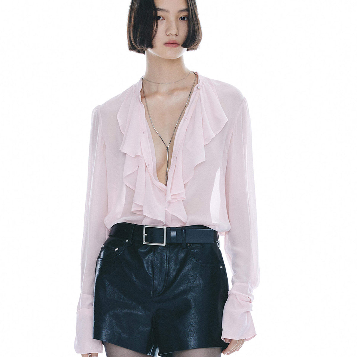 MO&Co. Noir Women's Pure Silk Ruffle Blouse Shirt with Camisole