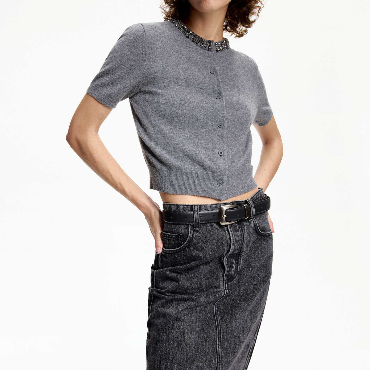 MO&Co. Women's Crystal Detail Short Sleeves Knit Cardigan