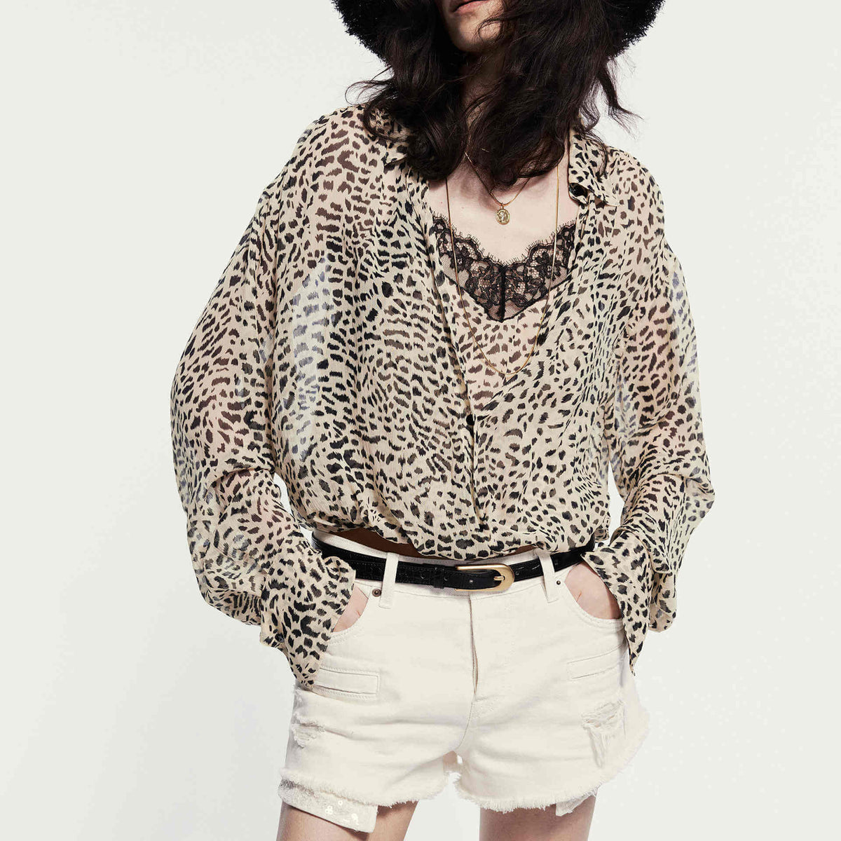 MO&Co. Noir Women's Leopard Print Silk Blouse | Flowy Fit | V-Neck & Lace Detailing