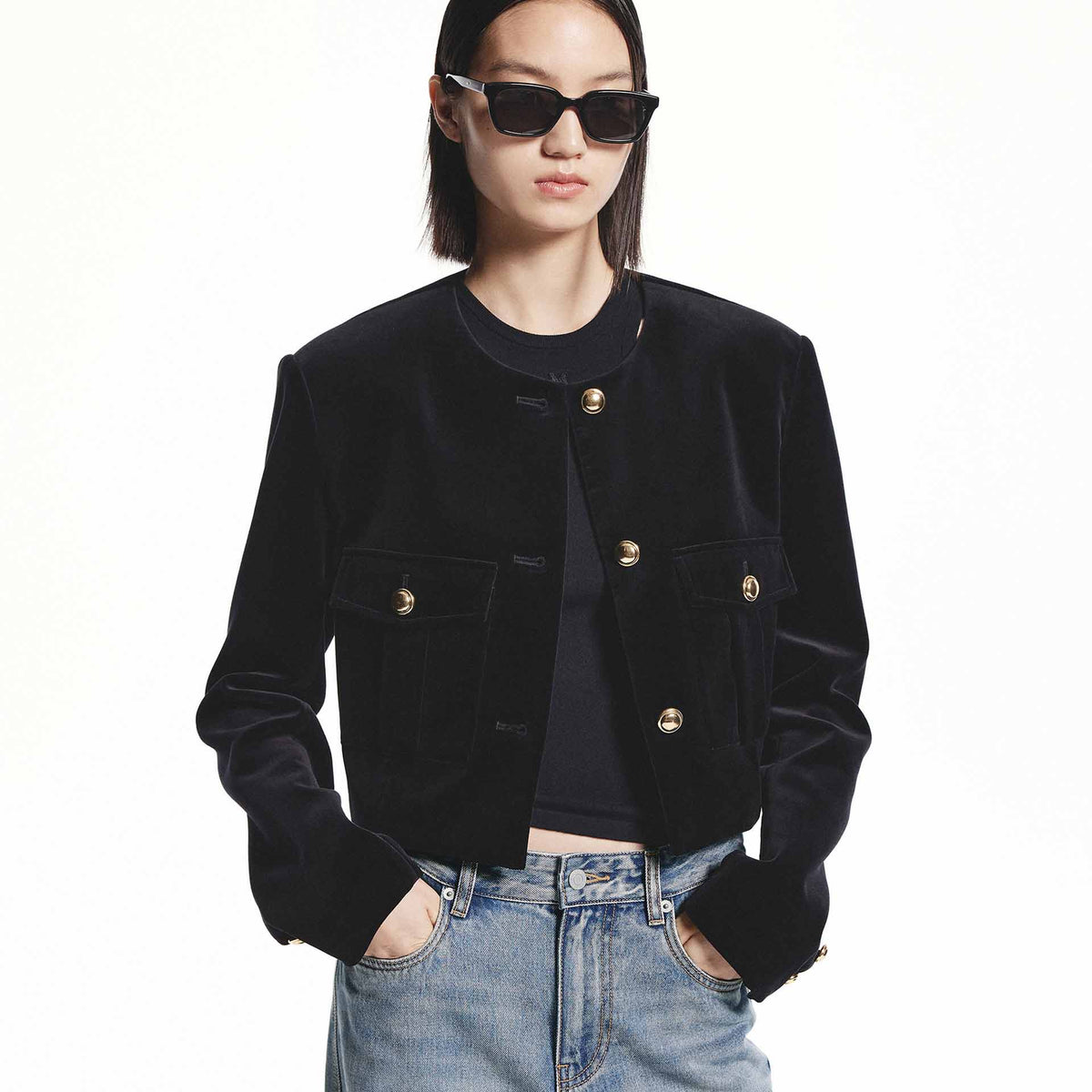 MO&Co. Women's Metallic Button Cropped Jacket
