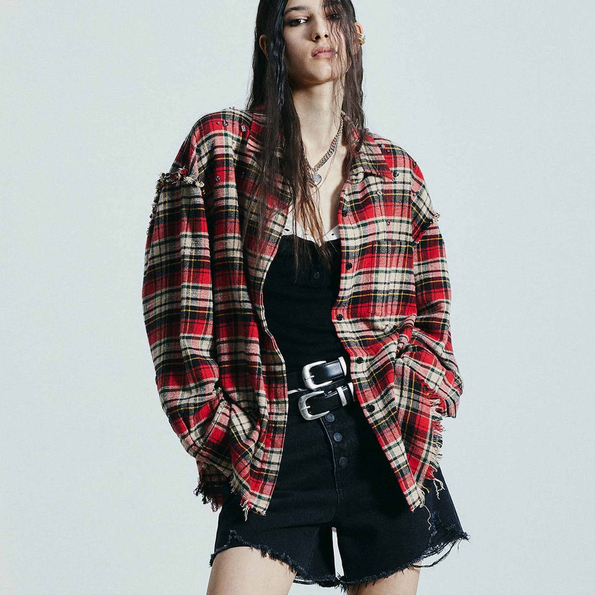 MO&Co. Women's Crystal Detail Plaid Shirt