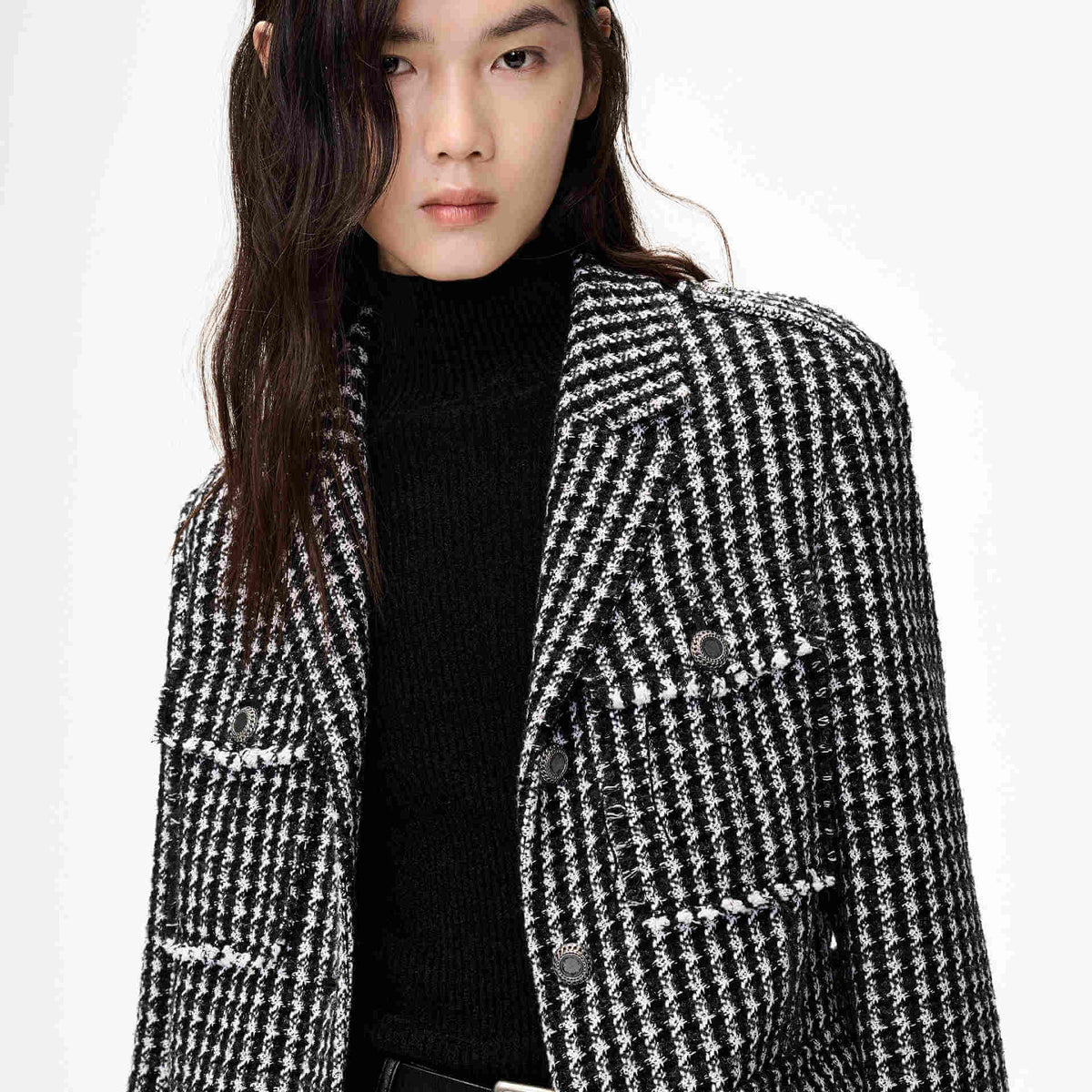 MO&Co. Women's Belt Houndstooth Pattern Jacket