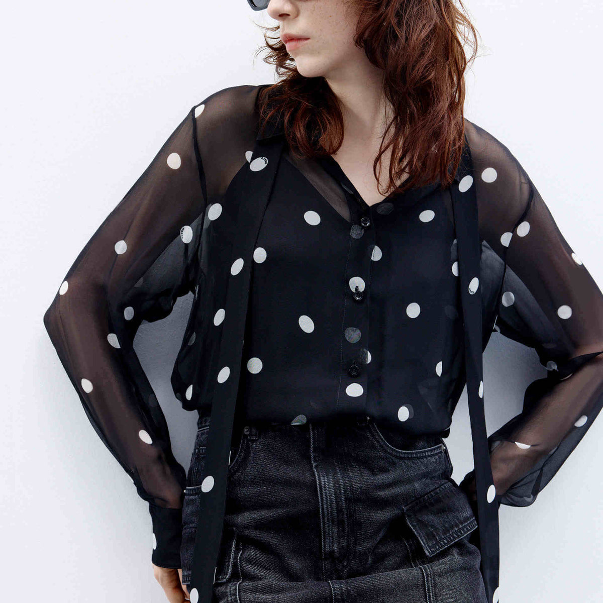MO&Co. Women's Tie Detail Polka Dot Sheer Blouse in Black