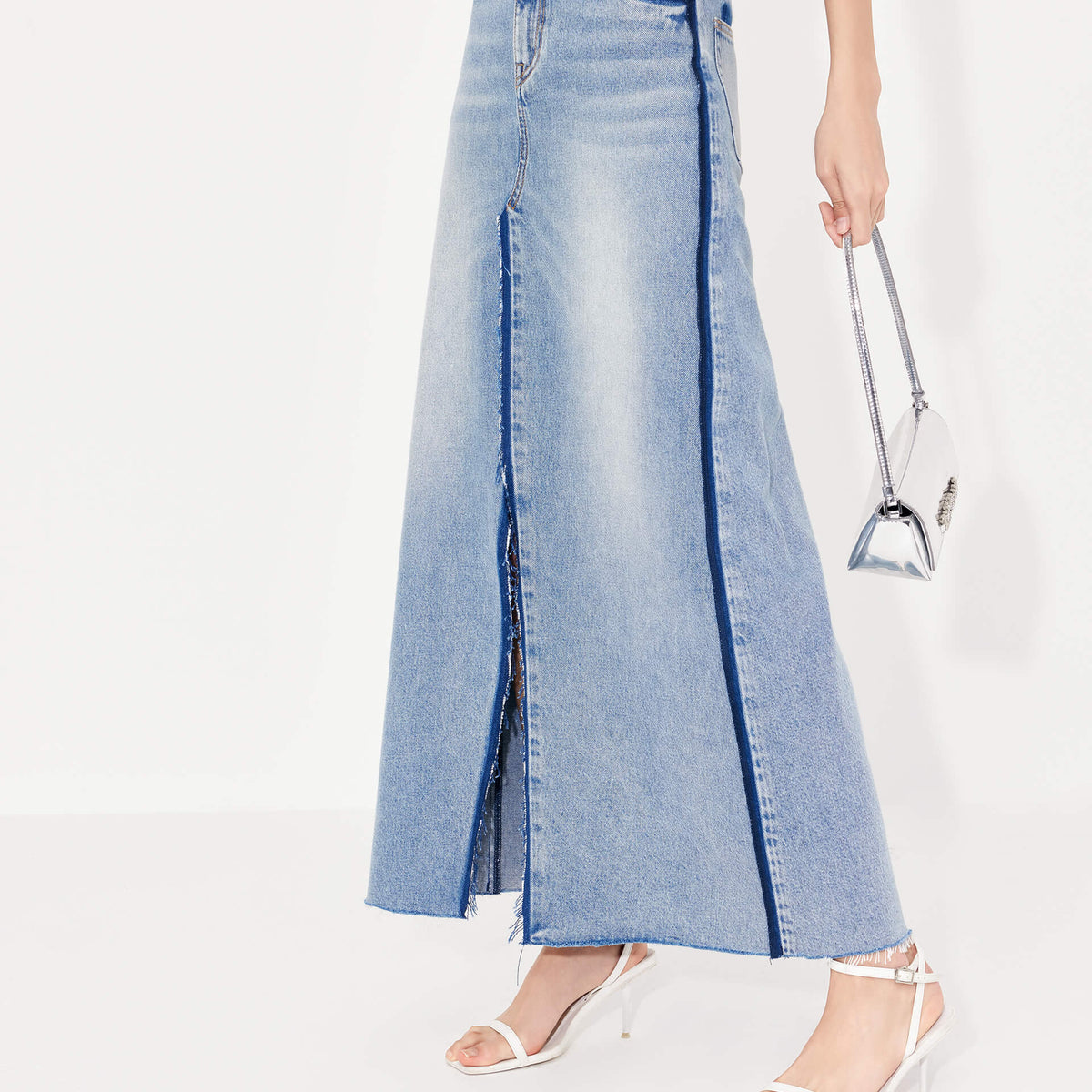 MO&Co. Women's Seams Detail Slit Denim Skirt