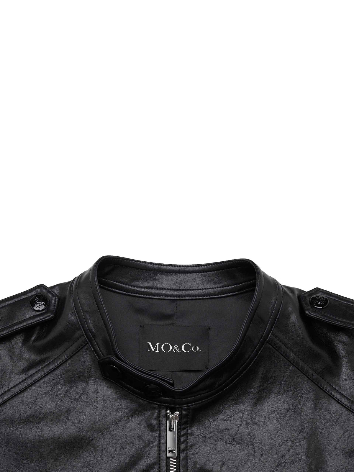 MO&Co. Women's Black Stand Collar Masculine Faux Leather Jacket