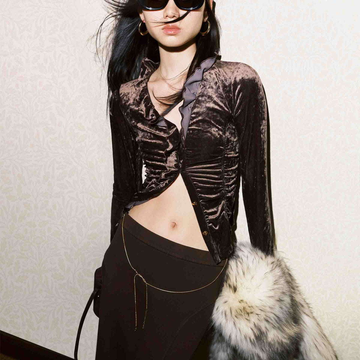 MO&Co. Women's V Neck Long Sleeve Slim Ruffle Velvet Top