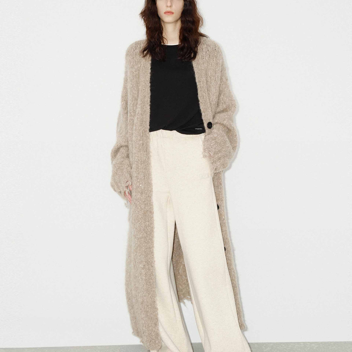 MO&Co. Women's Distressed Detail Alpaca fleece Long Cardigan in Khaki