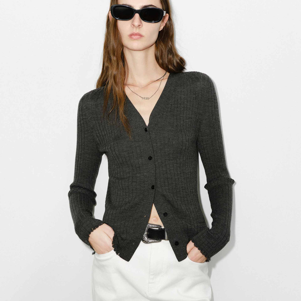 MO&Co. Women's Close Fit Lightweight Wool Knit Cardigan in Dark Grey