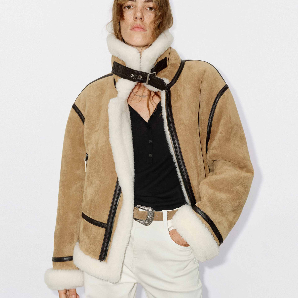 MO&Co. Women's Suede Textured Faux Shearling Fuzzy Biker Jacket