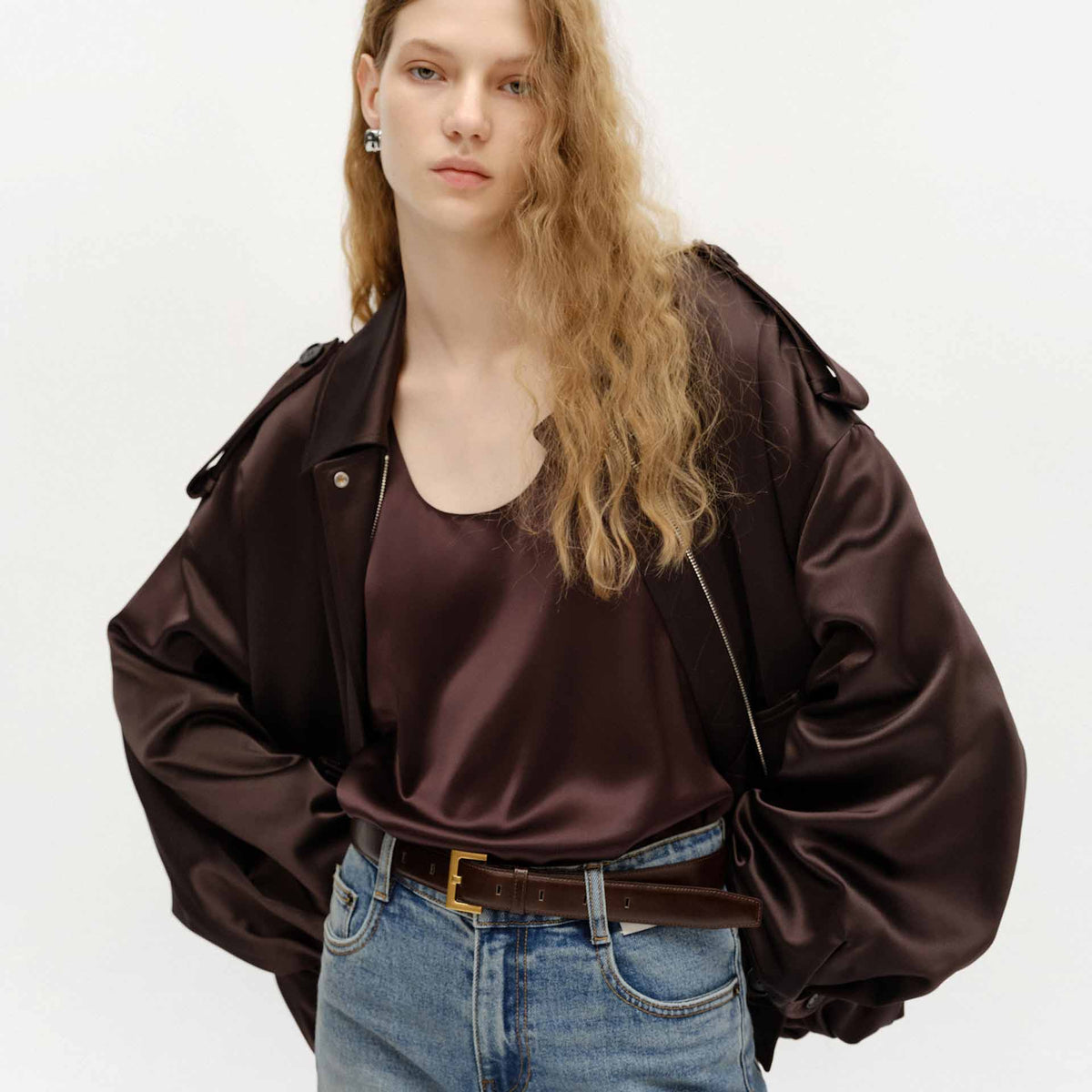 MO&Co. Women's Zip Closure Satin Jacket