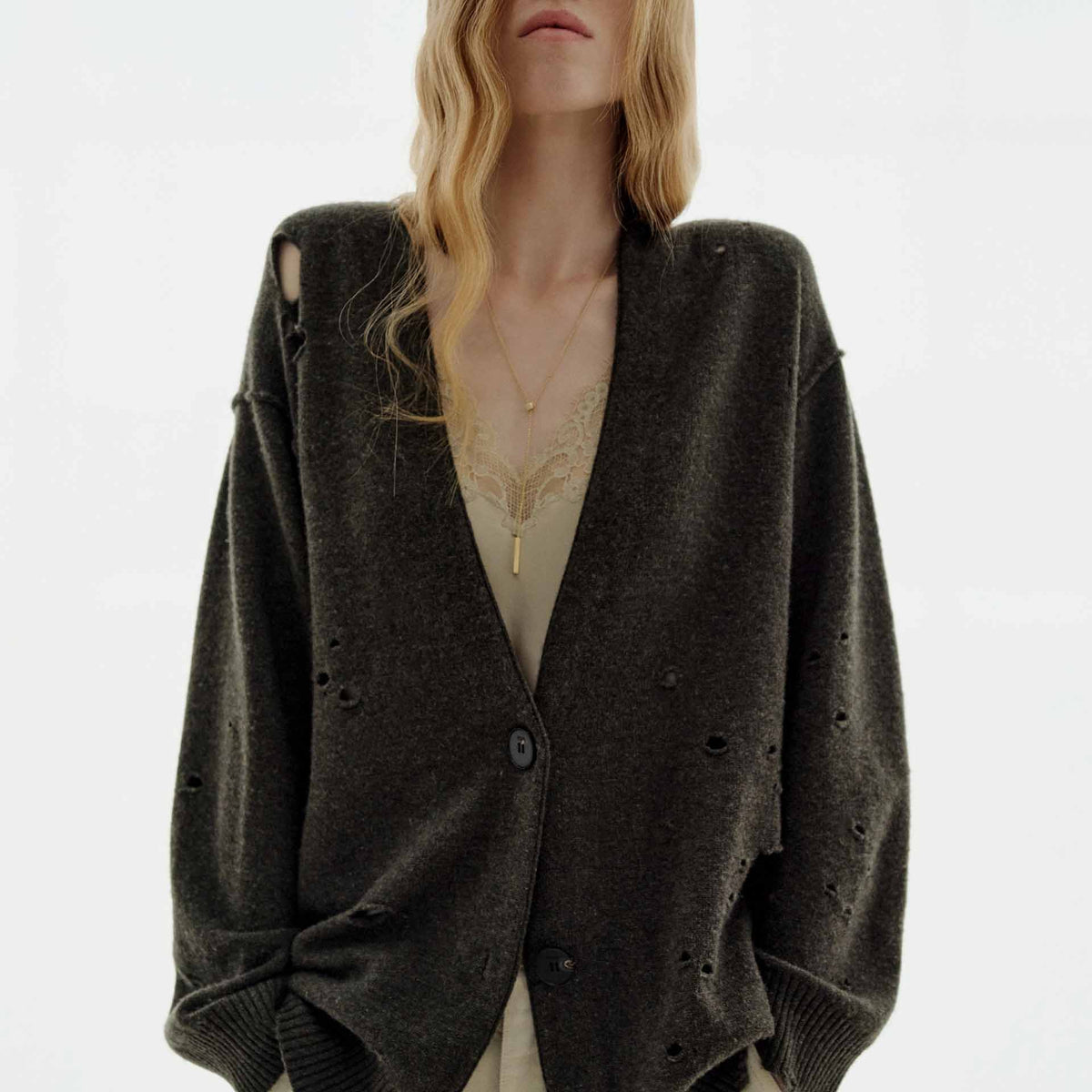 MO&Co. Women's Ripped Detail Button Cardigan