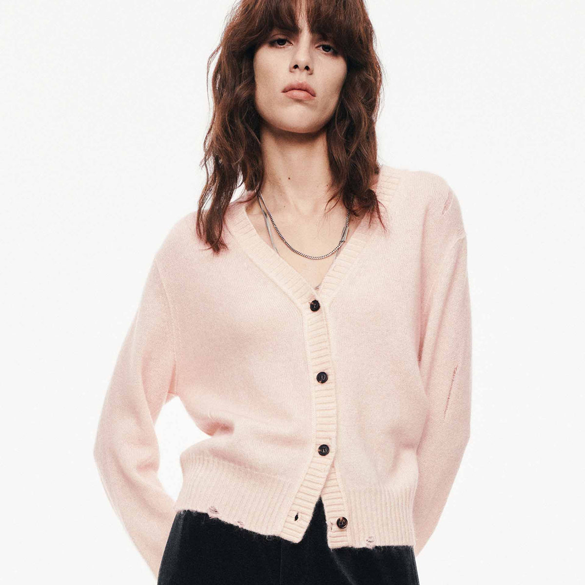 MO&Co. Women's V-neck Ripped Cardigan