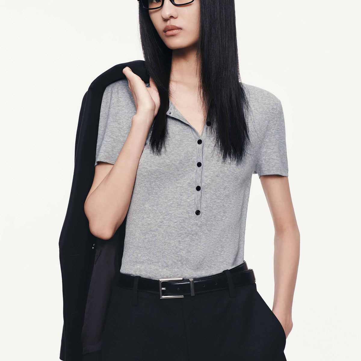 MO&Co. Women's Fitted Half Button Top