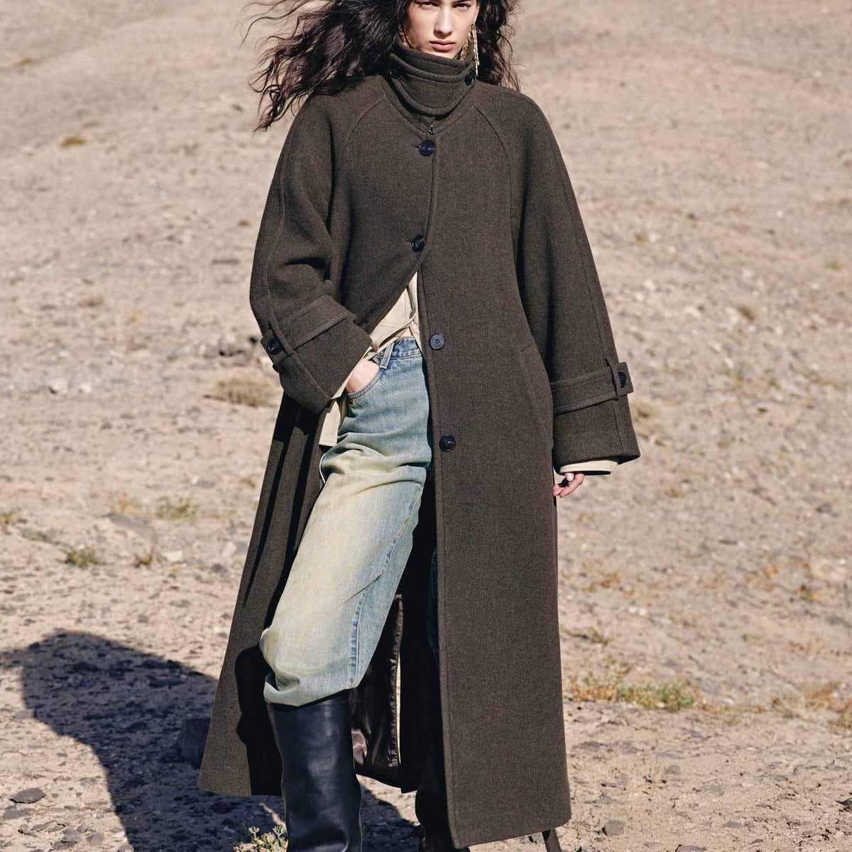 MO&Co. Women's Merino Wool Longline Belted Coat in Olive