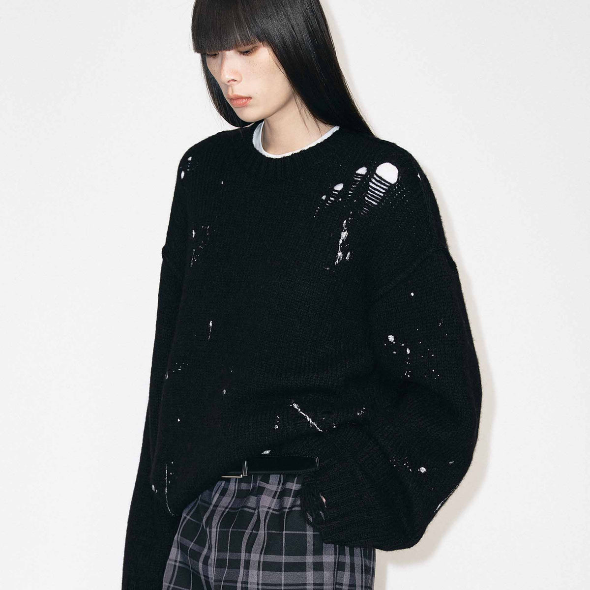 MO&Co. Women's Ink Splashed Ripped Sweater