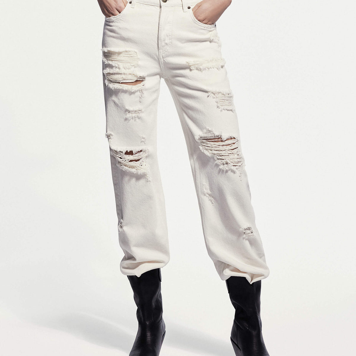 MO&Co. Noir Women's Destroyed Straight Leg Jeans | Turkish Cotton Denim