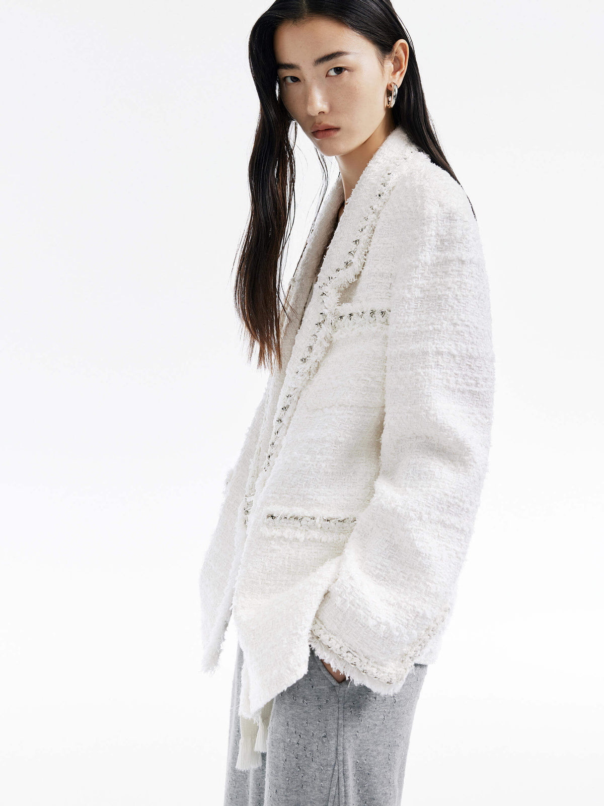 MO&Co. Women's Chain Embellished Metallic Tweed Jacket White