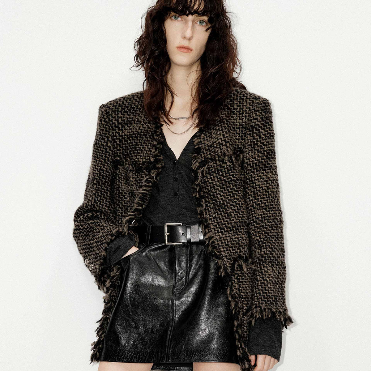 MO&Co. Women's V-neck Wool Blend Raw Trim Collarless Tweed Coat