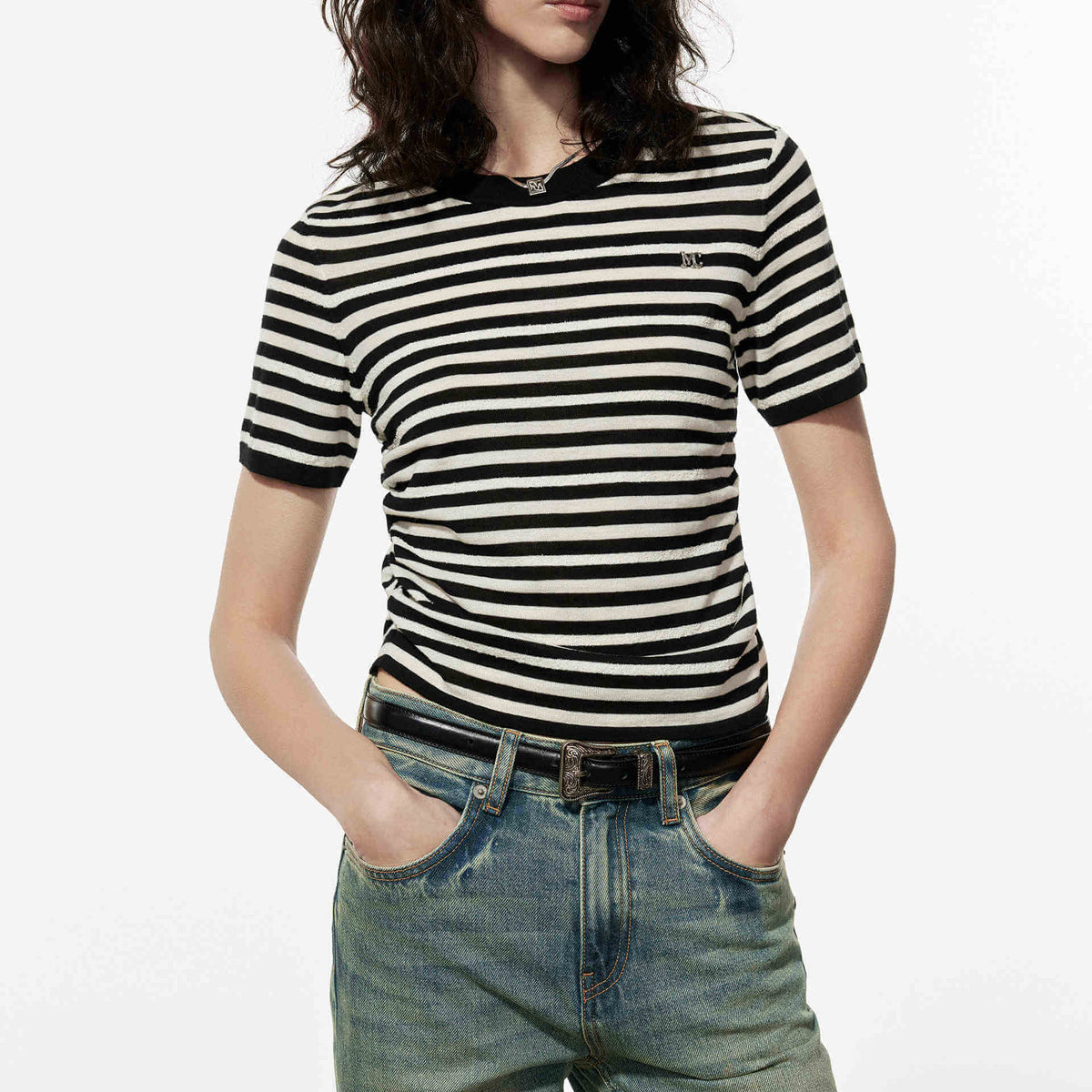 MO&Co. Women's Ruched Detail Striped T-shirt