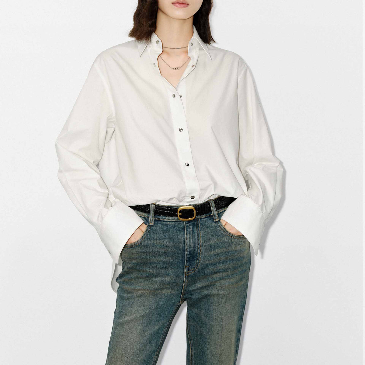 MO&Co. Women's Snap Button Cotton Shirt