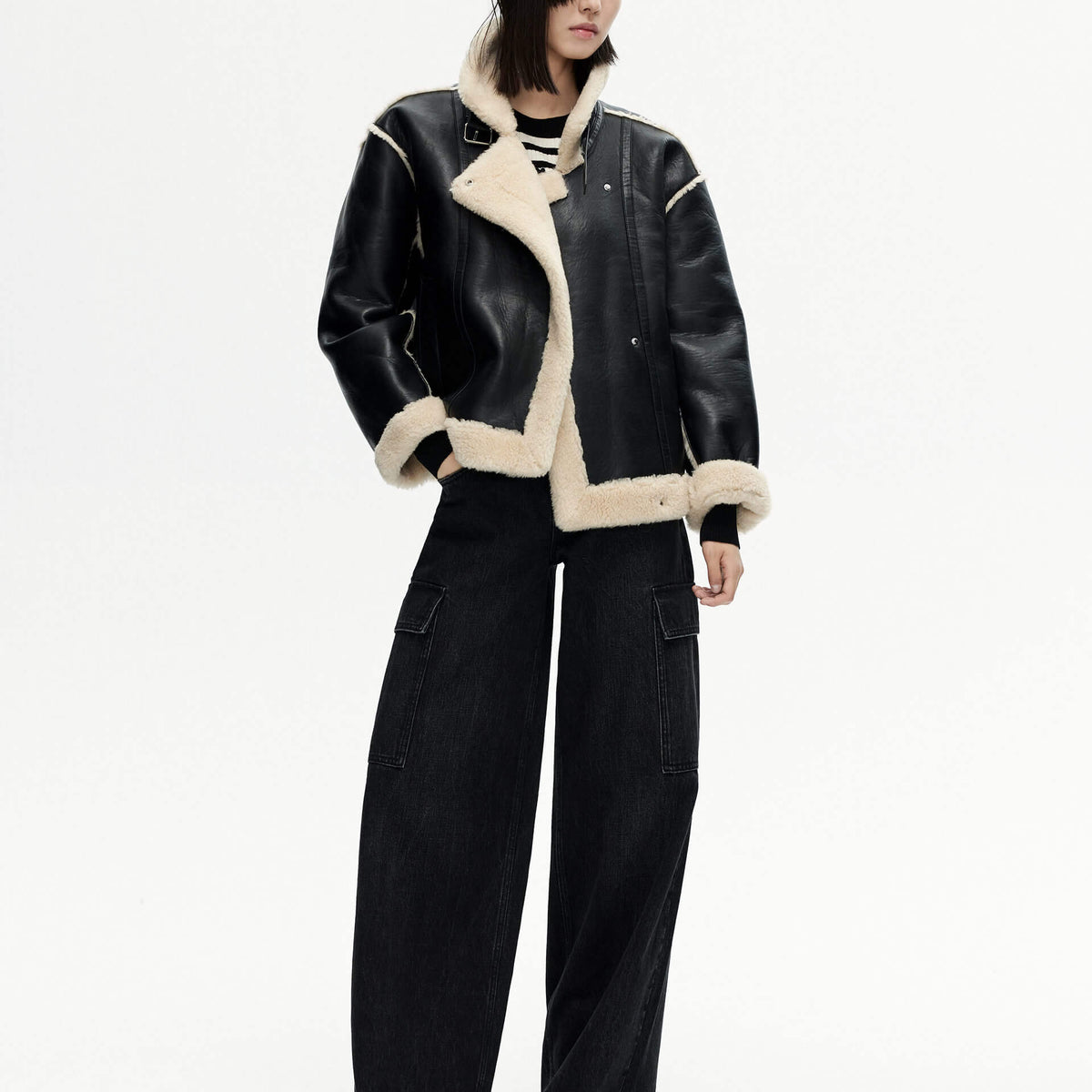 MO&Co. Women's Fuzzy Trimmed PU Jacket