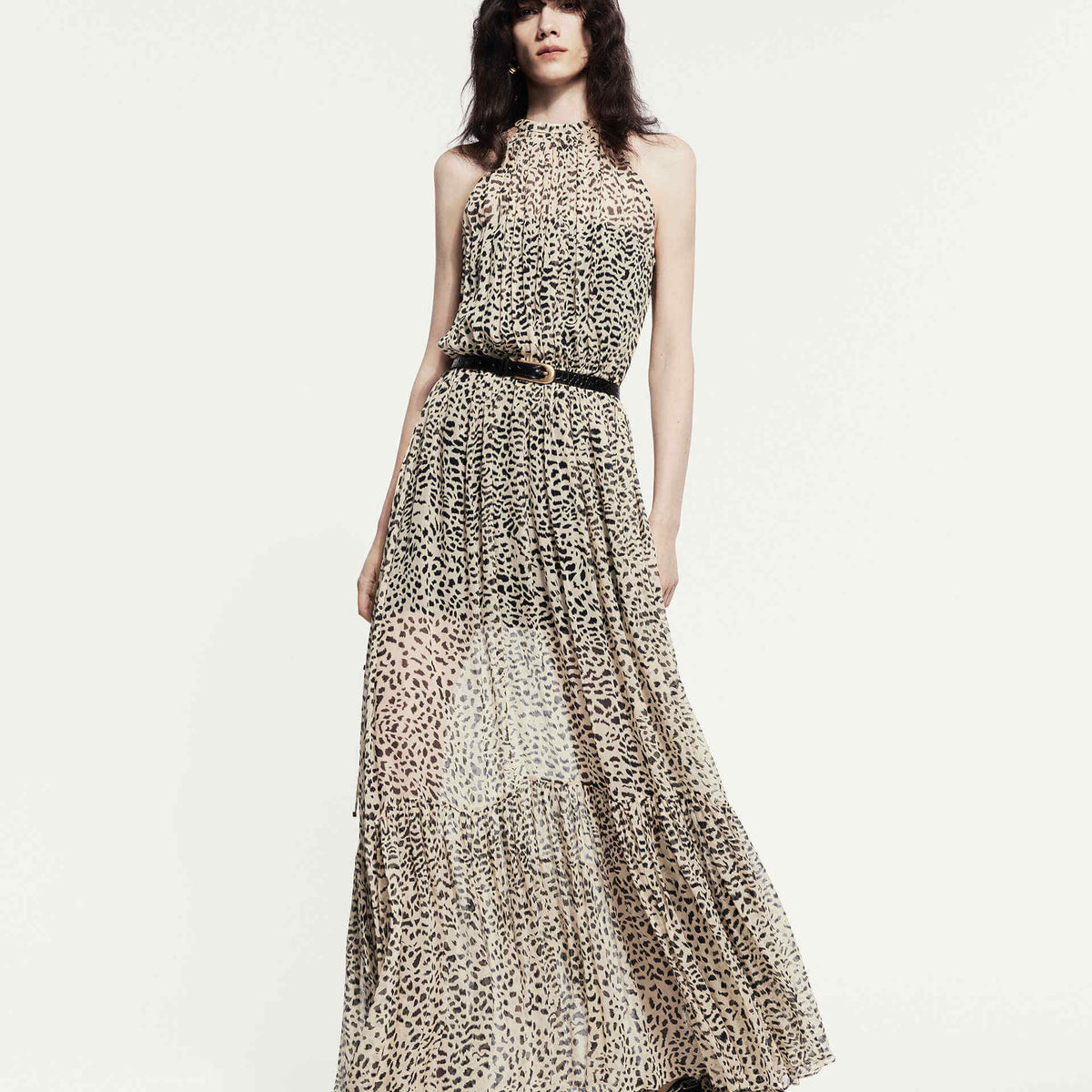 MO&Co. Noir Leopard Print Silk Halter Maxi Dress - Cutout Back | Evening Elegant