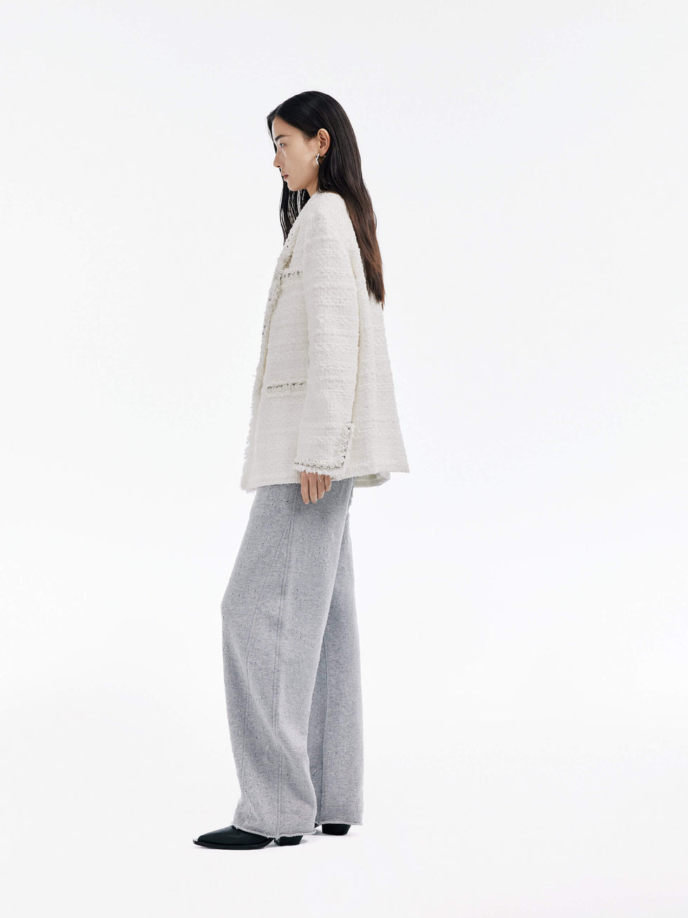 MO&Co. Women's Chain Embellished Metallic Tweed Jacket White