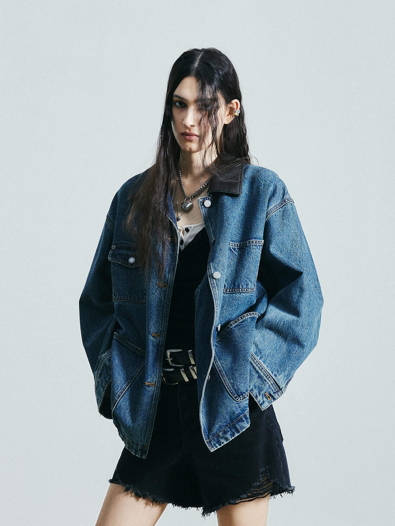 MO&Co. Women's PU Collar Loose Jacket