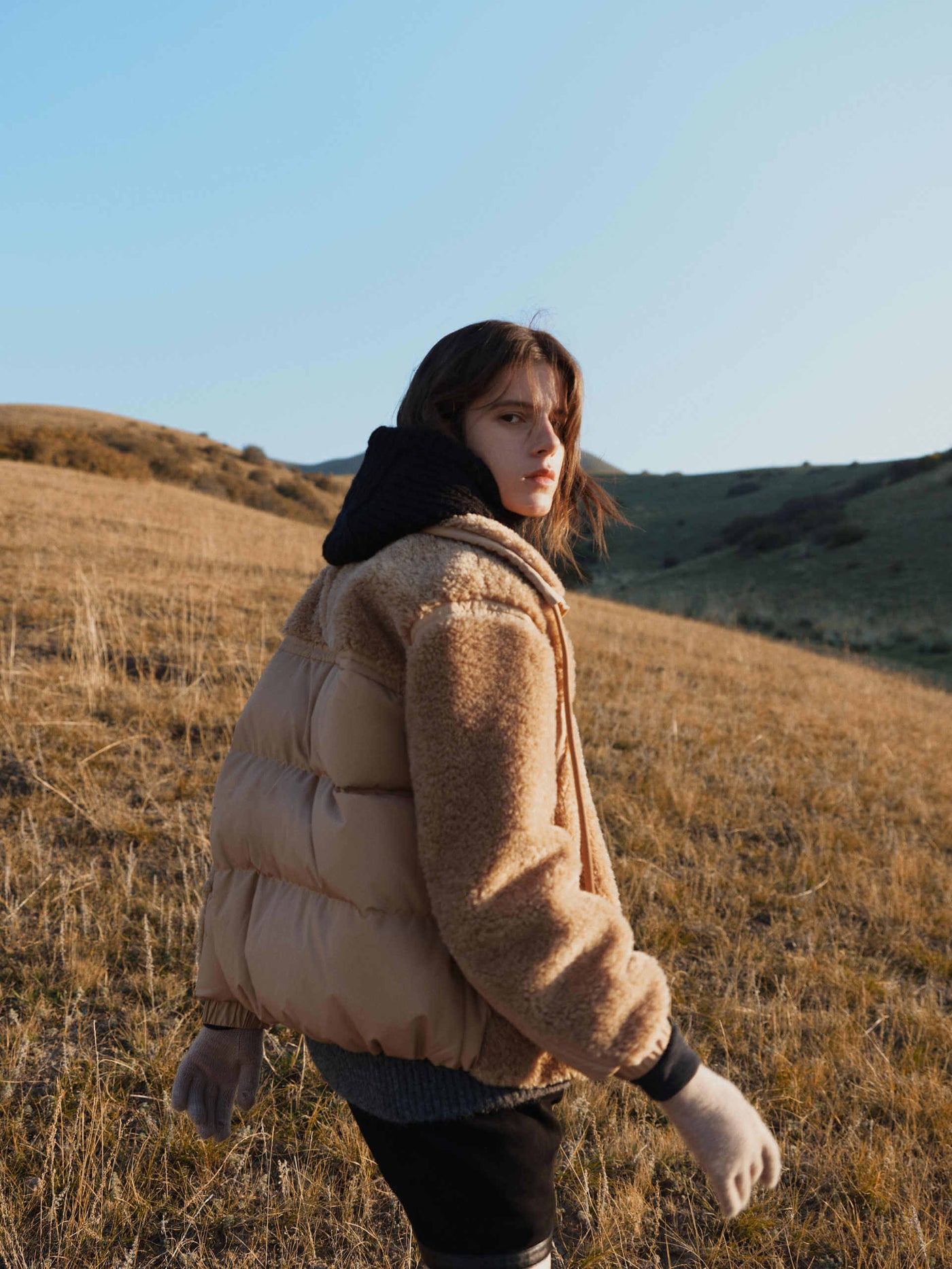 MO&Co. Women's Panelled Fuzzy Puffer Jacket