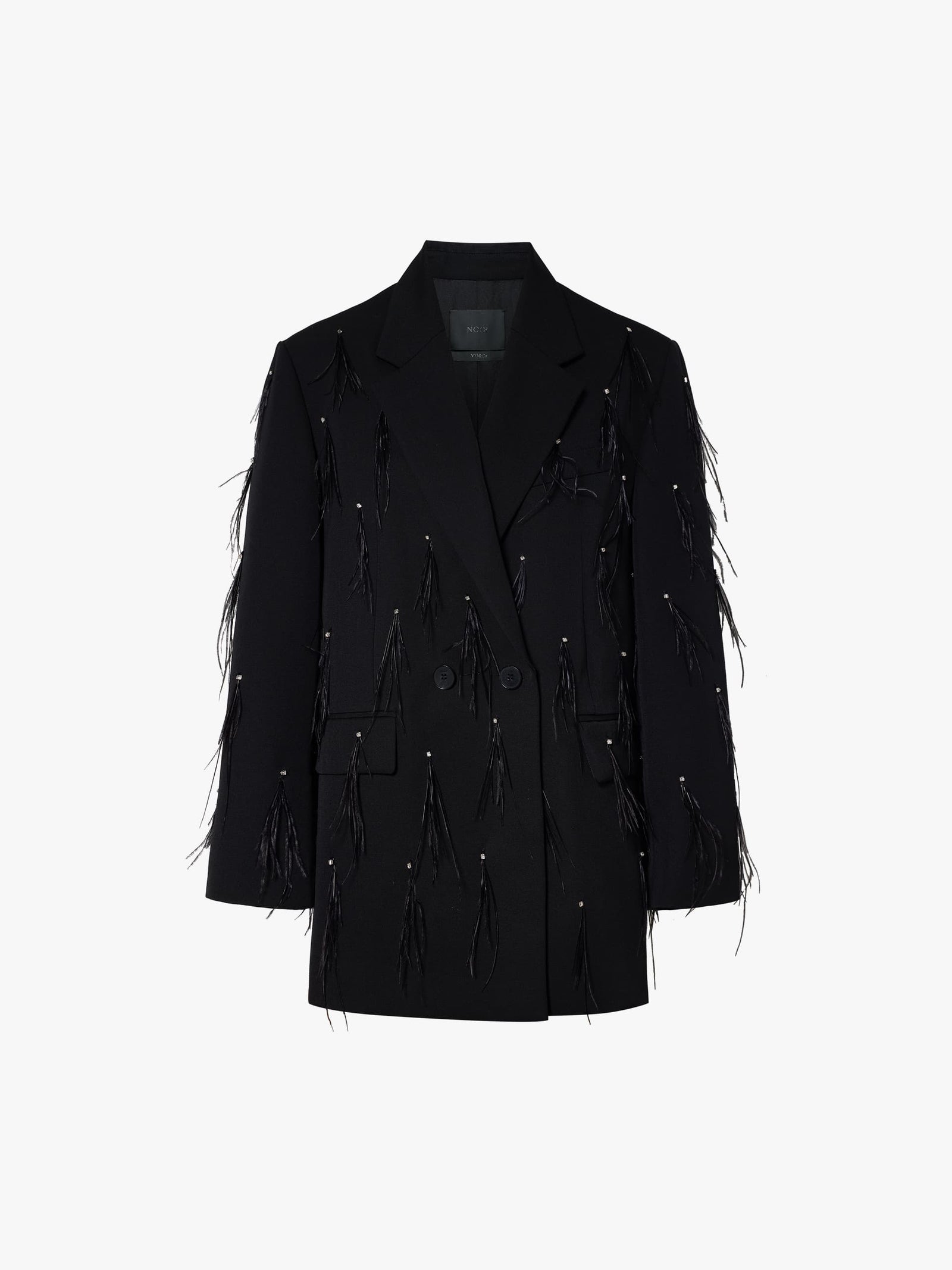 MO&Co. Noir Women's Feather Embellished Pure Merino Wool Blazer Black