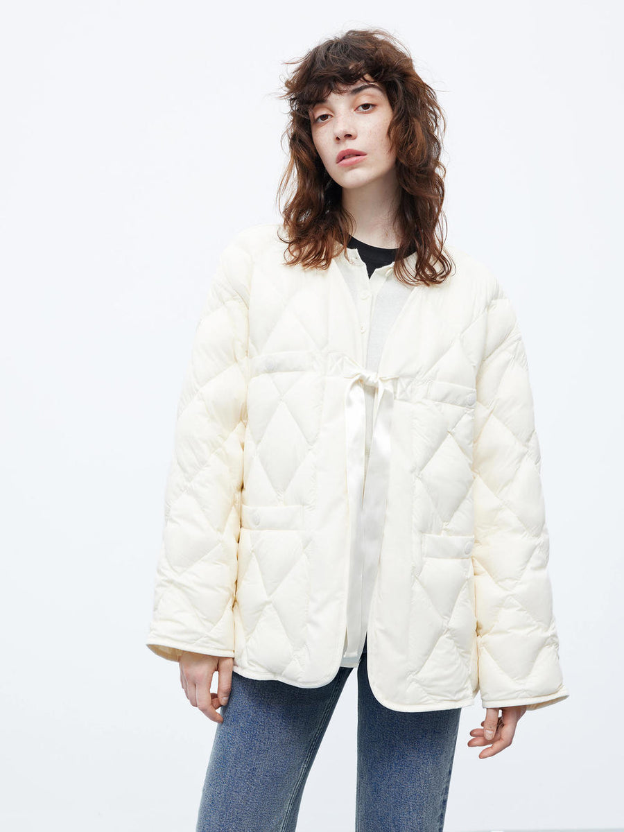 MO&Co. Women's Collarless Tie Detail Lightweight Quilted Down Jacket